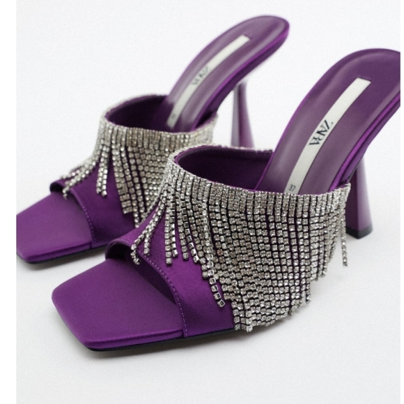 Zara | Shoes | Salenew Zara Satin Sparly Swarovski Heeled Mule Sandals ...